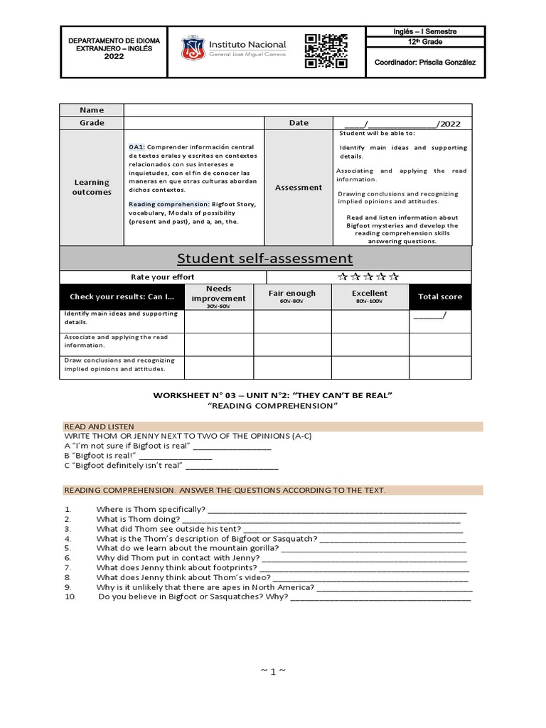 Handout 3 Skills - Unit 2 - 4 Medio | PDF | Bigfoot | Cognition