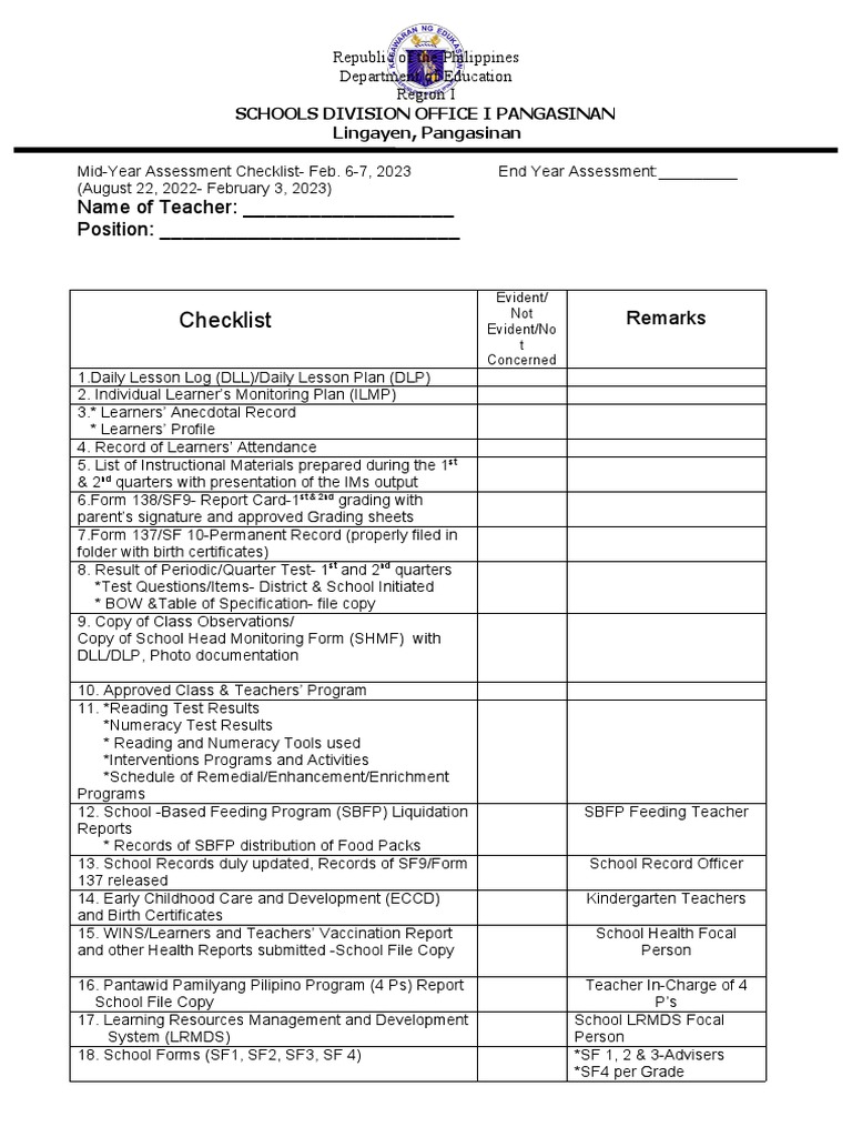 Mid-Year Assessment Checklist 2023 | PDF | Learning
