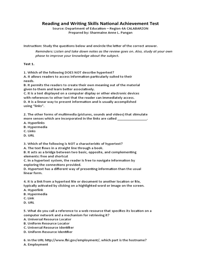 Reading and Writing Skills National Achievement Test Reviewer Exam ...