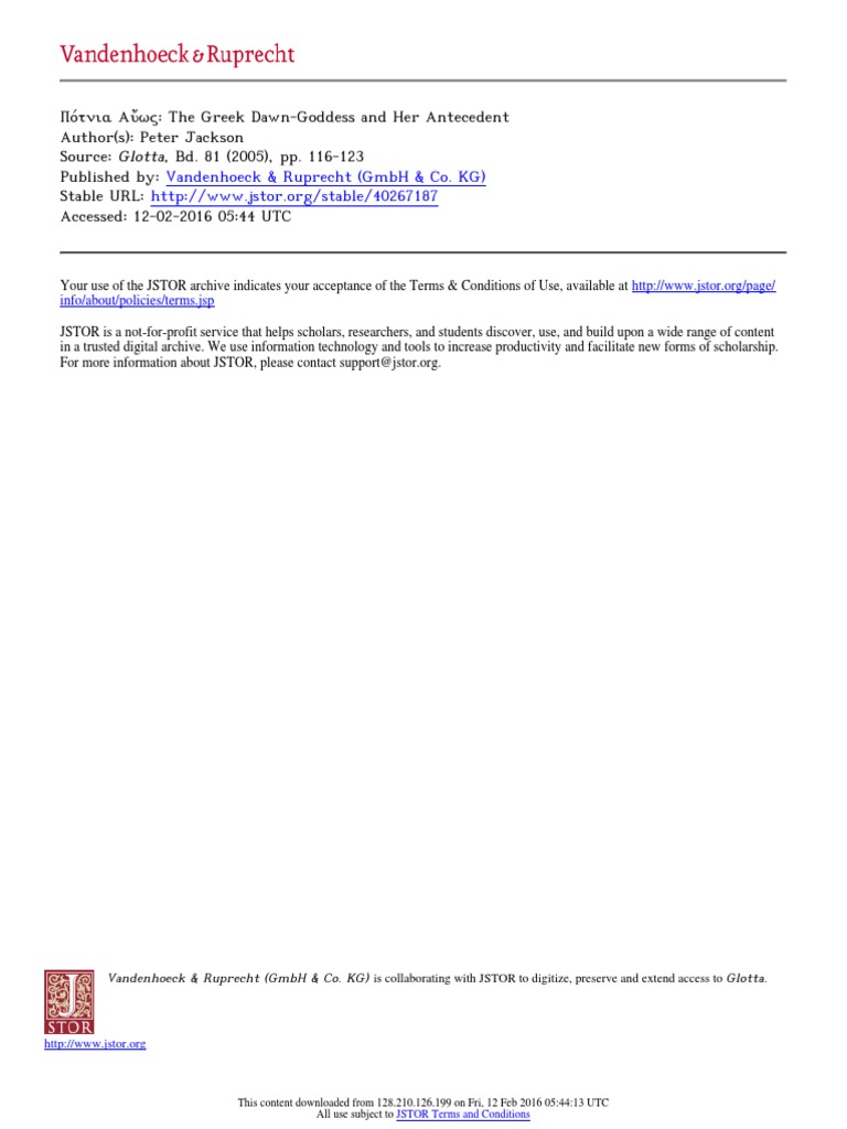 Πότνια Αὔως, The Greek Dawn-Goddess and Her Antecedent - Peter Jackson ...