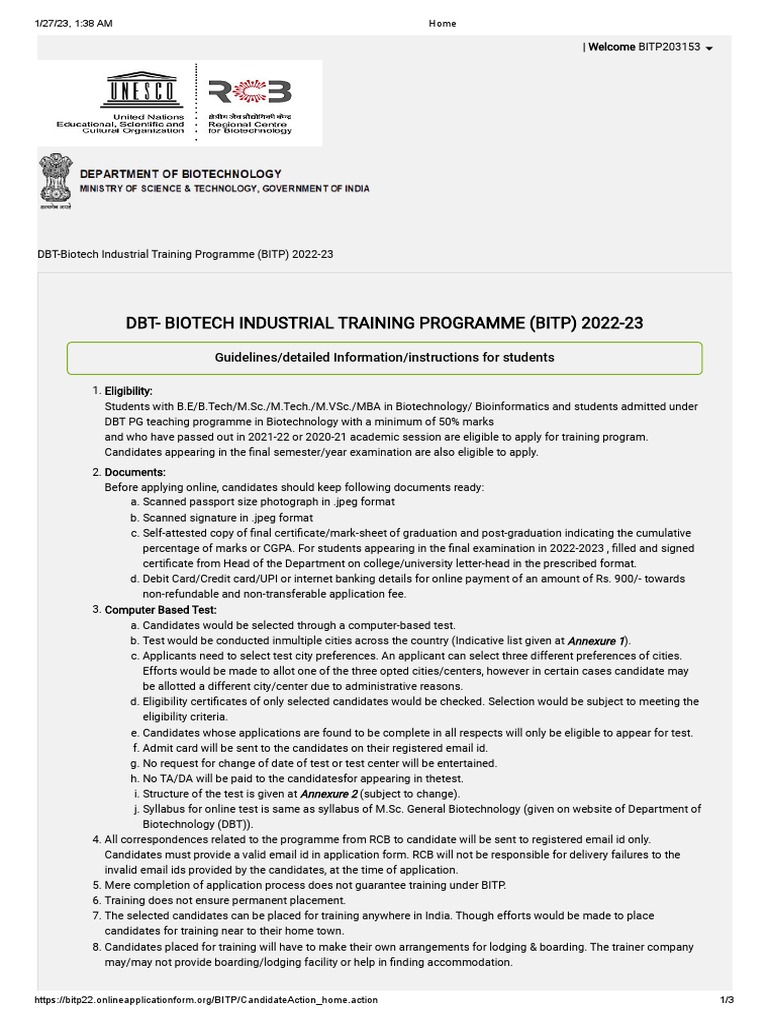 DBT-Biotech Industrial Training Programme (BITP) 2022-23 Guidelines ...