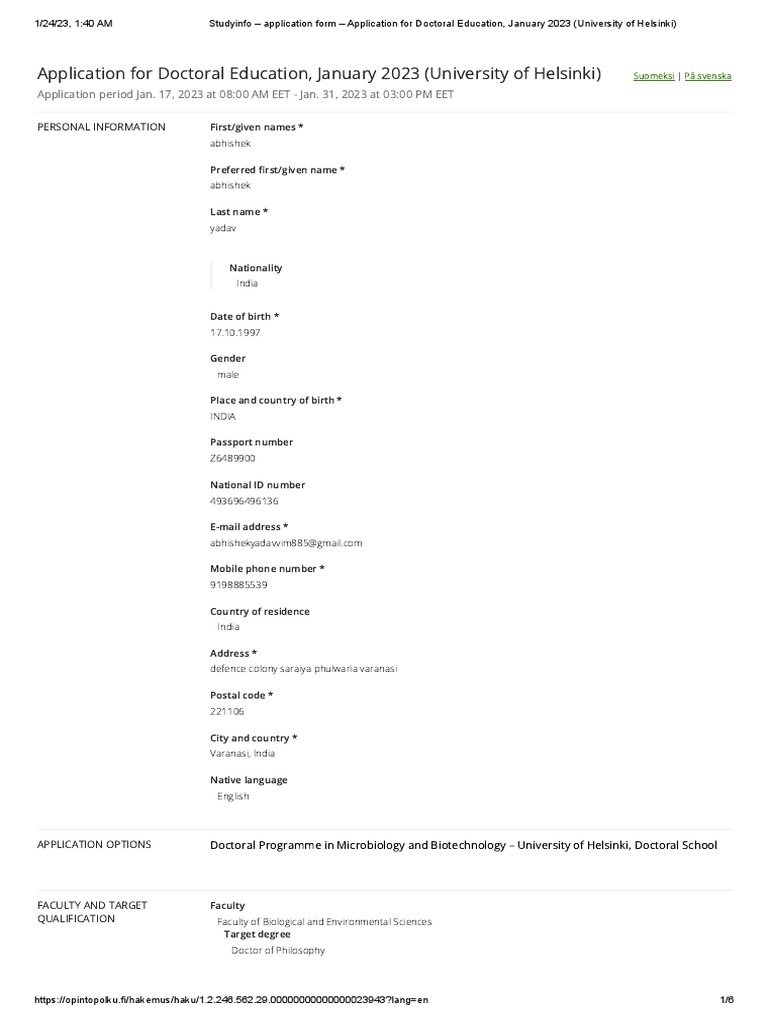 Studyinfo - Application Form - Application For Doctoral Education, January 2023 (University of ...