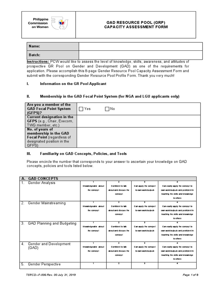 Form B - GAD Capacity Assessment Form | PDF | Gender And Development ...