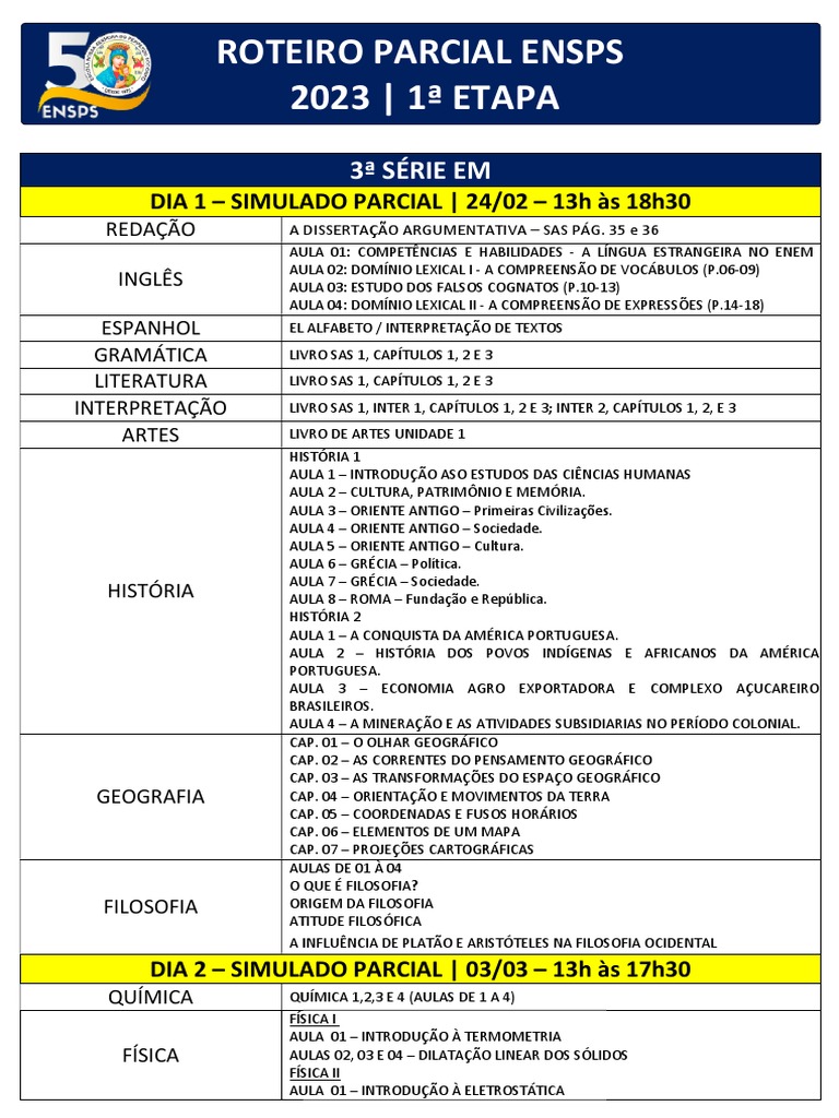 Roteiro de estudos para a 1a etapa do Simulado Parcial da 3a série do ...