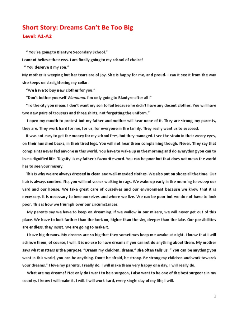 Short Story A1 A2 Dreams Cant Be Too Big Beginner Level Learn English ...