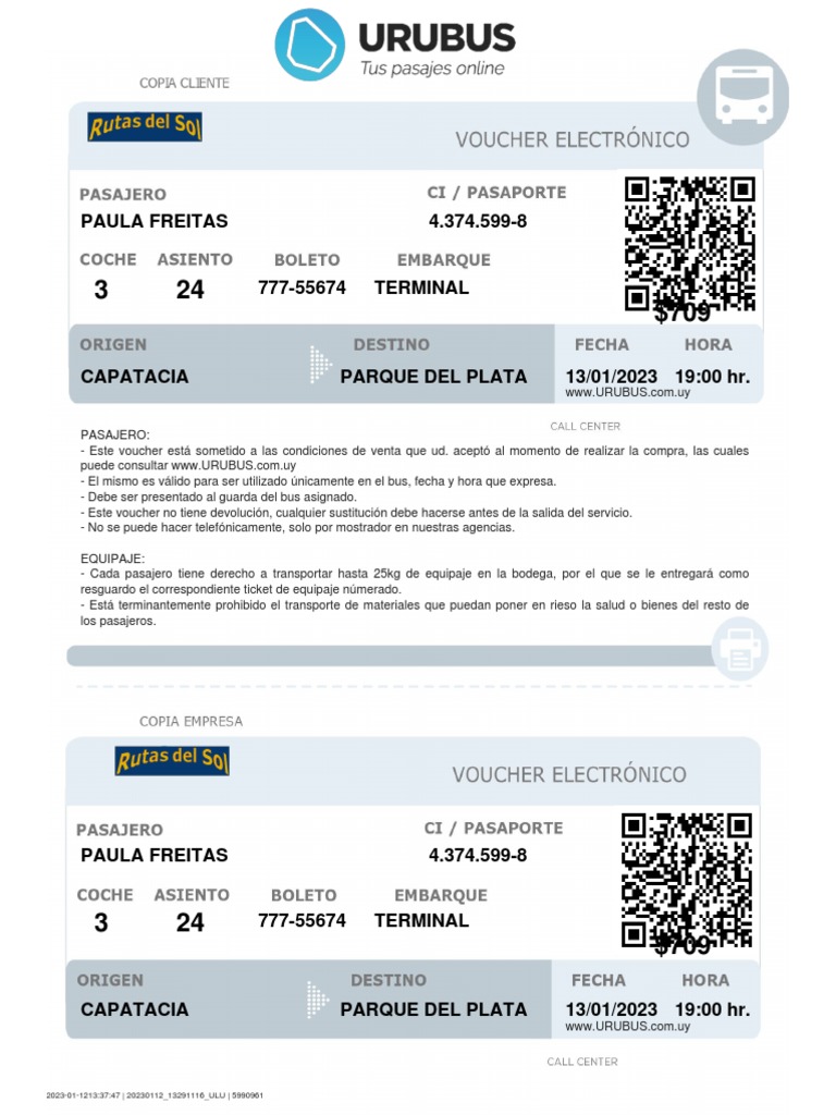 Boleto de viaje en autobús con detalles de pasajero, fecha, hora y condiciones de venta | PDF