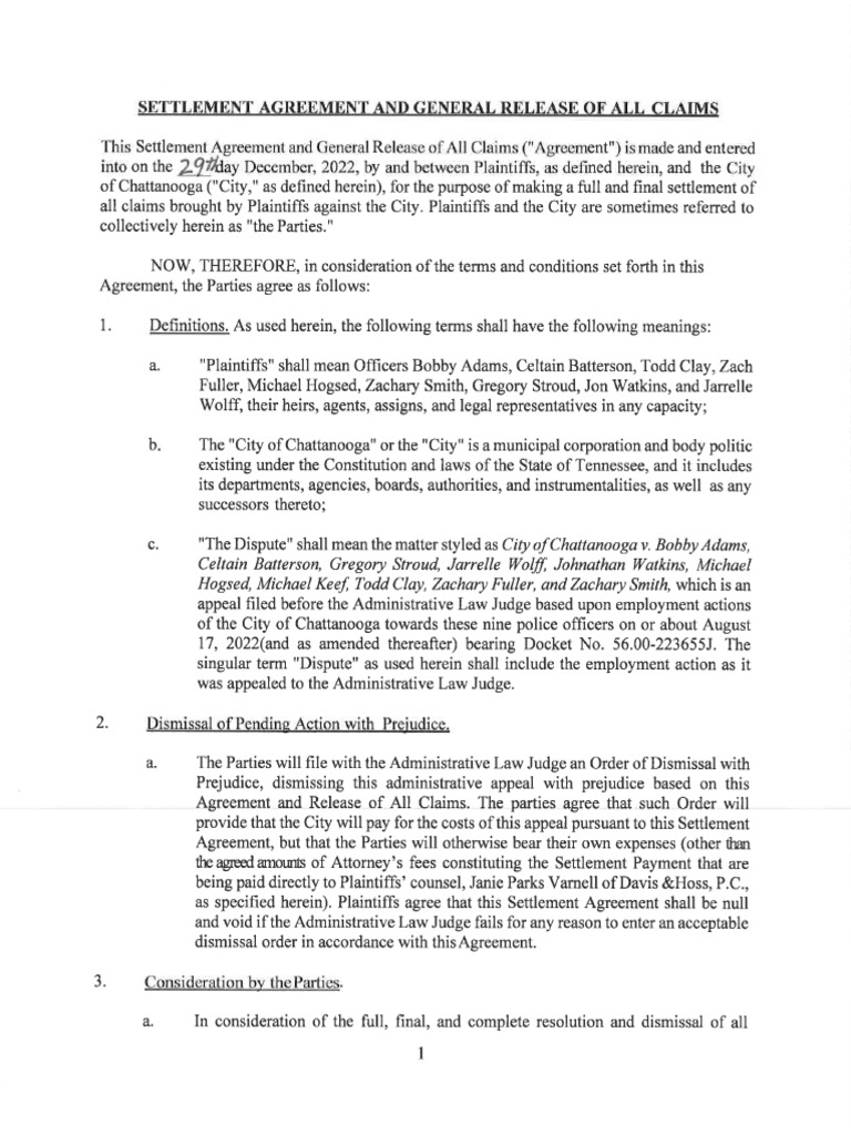 Settlement Agreement and General Release of All Claims - Executed 12292022 2 | PDF