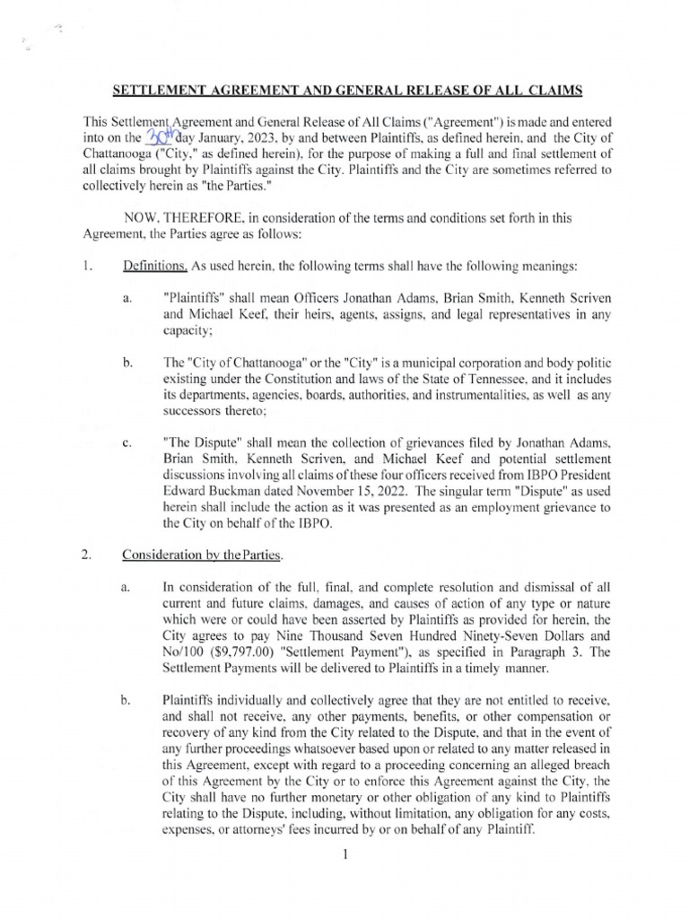 Settlement Agreement General Release of All Claims 01.30.2023 1 | PDF Settlement Agreement General Release of All Claims 01.30.2023 1 | PDF