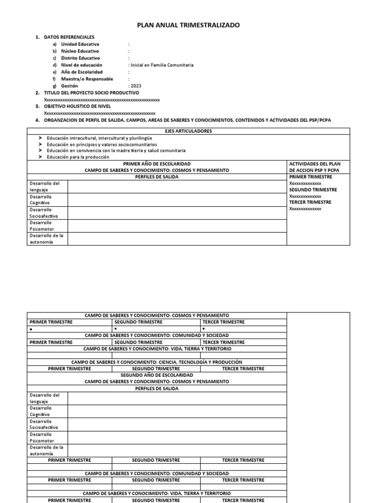 Plan Anual Trimestralizado Inicial (Plantilla) - 1 | PDF | Cognición ...