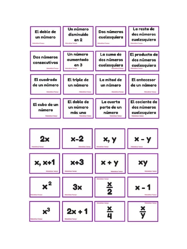 Memorama Lenguaje Algebráico | PDF