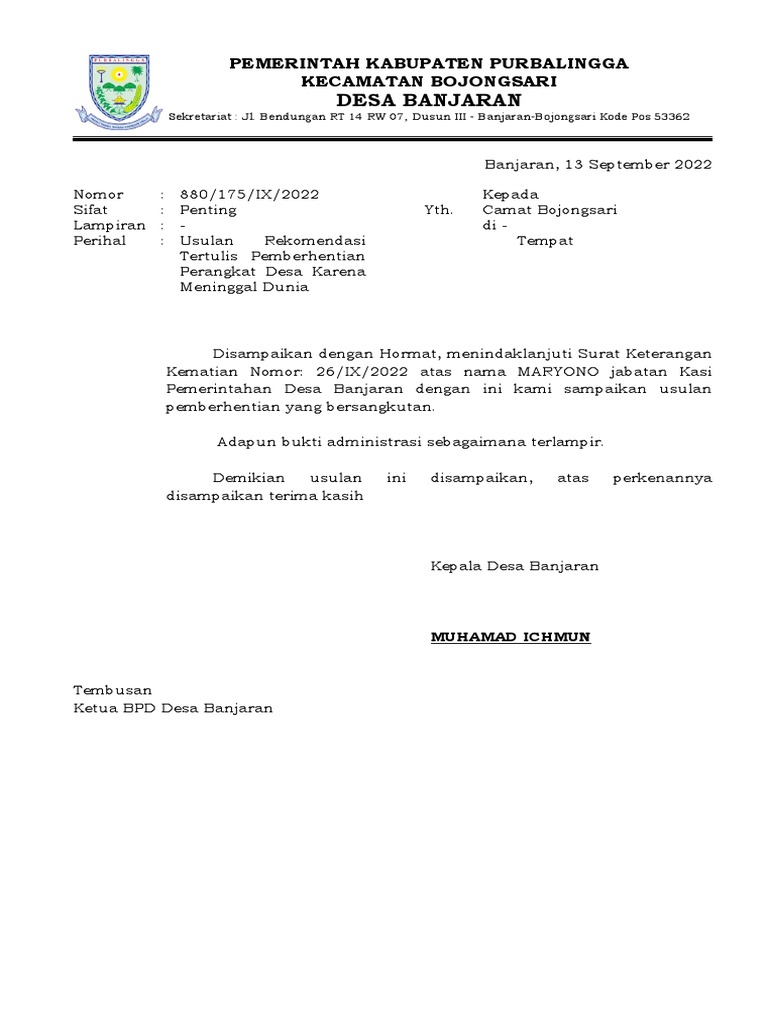 Surat Rekom Usulan Pemberhentian Perangkat Desa | PDF