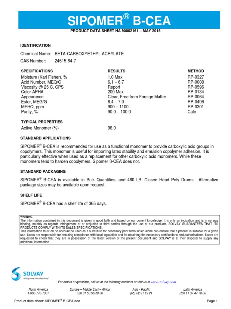 Sipomer B CEA TDS | Download Free PDF | Chemistry | Physical Sciences