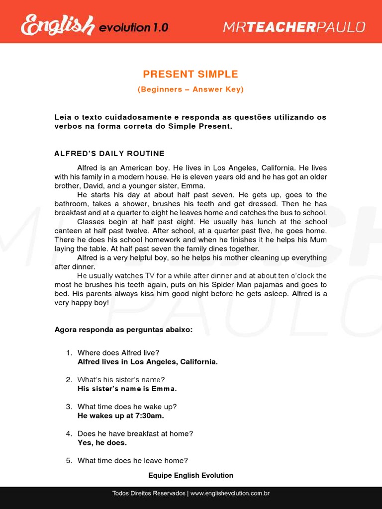 Atividades - Present Simple (Beginners - Answer Key) | PDF