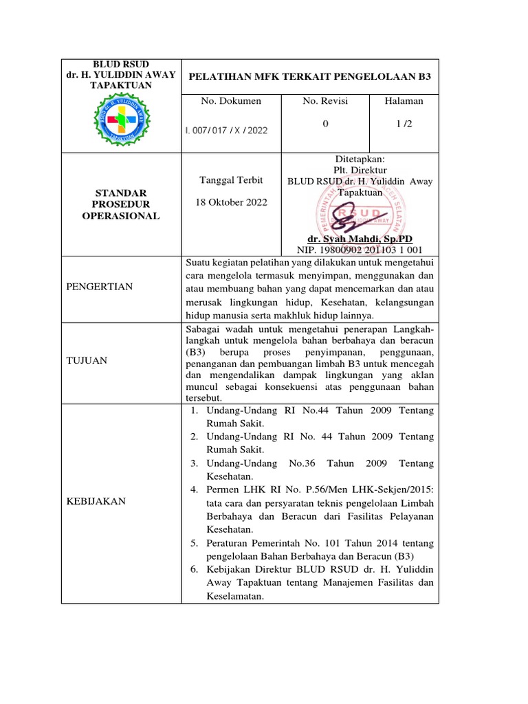 SOP Pelatihan MKF Terkait B3 | PDF