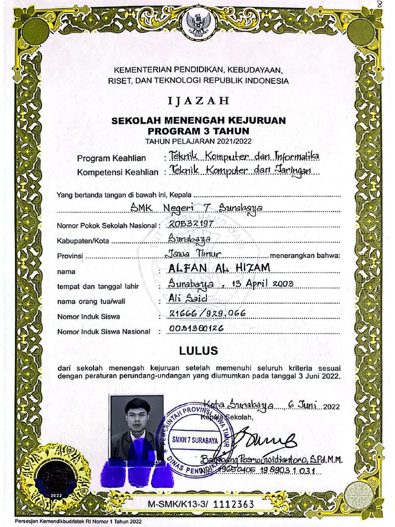 Ijazah SMK Dan Sertif Uji Kompetensi | PDF