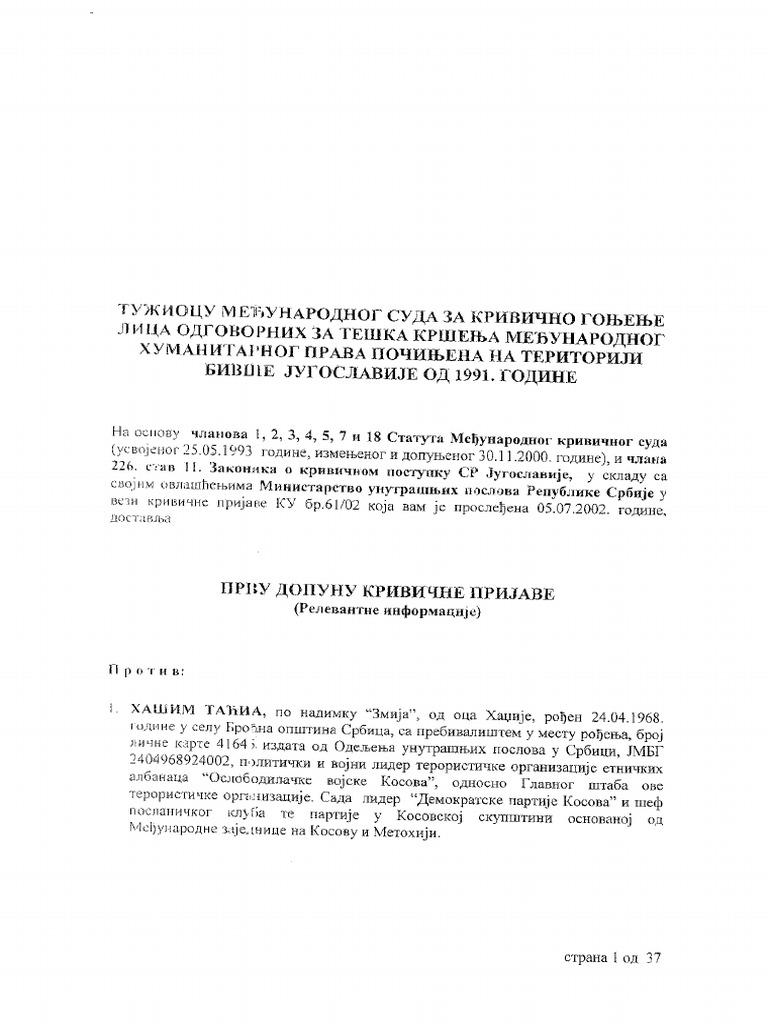 Krivicna Prijava Taci Ceku Dopuna2002 | PDF