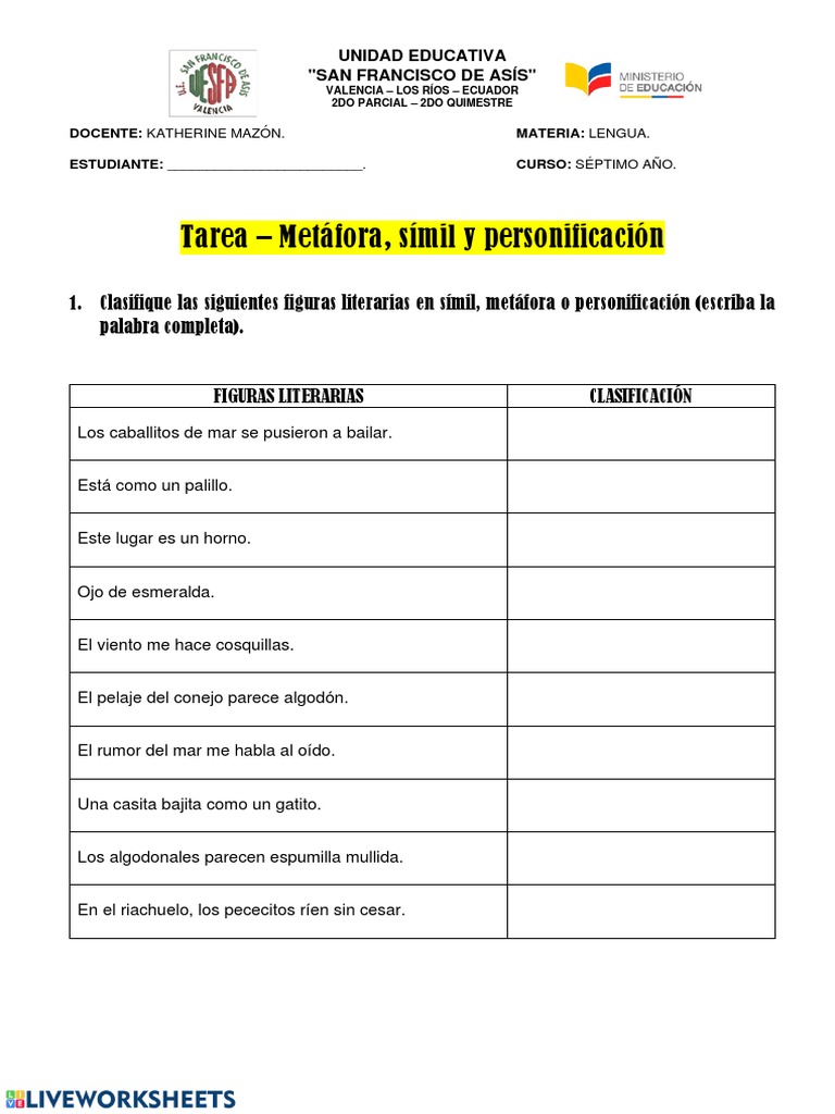 Figuras literarias: símil, metáfora y personificación | PDF | Ficción ...