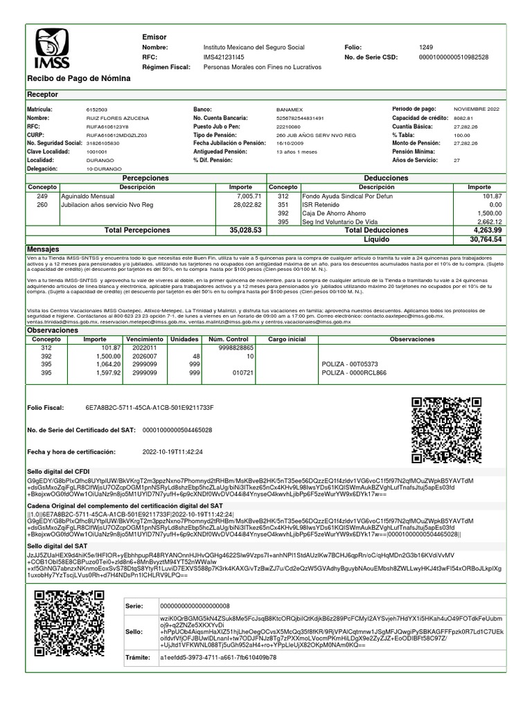 Recibo de nómina y beneficios para jubilada del IMSS | PDF | Pensión ...
