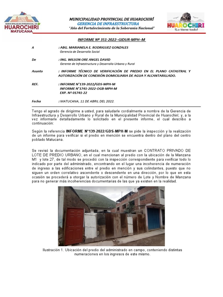 Informe #351-2022 Informe Técnico de Vivienda en Plano Catastral y Autorización de Conexión ...