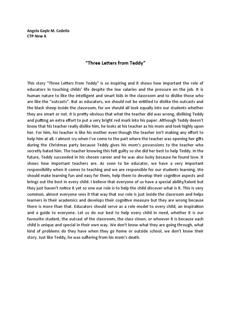 Reflection - Three Letters From Teddy | PDF | Teachers | Classroom