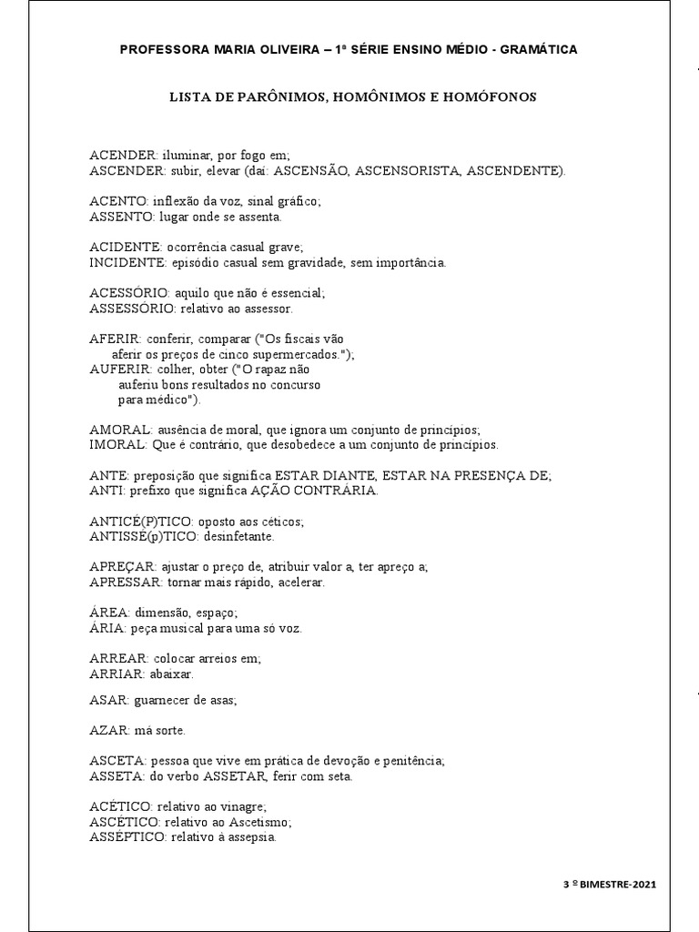 Lista de Parônimos Homônimos e Homófonos 2021 | PDF | Roupas | Pronome