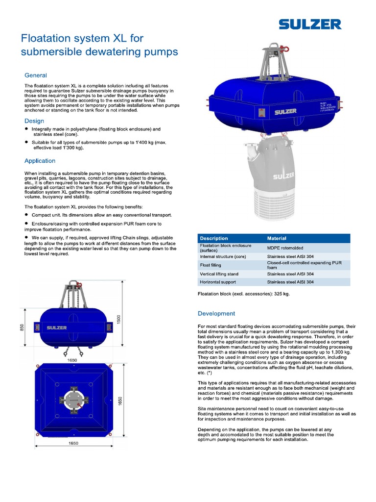 Sulzer Floatation System XL For Submersible Dewatering Pumps Technical ...
