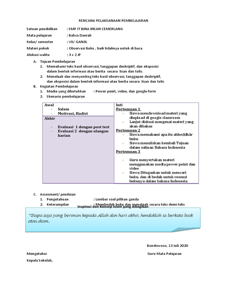 RPP BAHASA DAERAH Kelas VII | PDF | Karier & Perkembangan