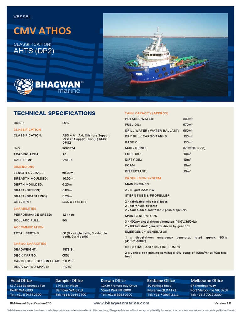 Vessel Spec Sheet CMV ATHOS | PDF | Watercraft | Manufactured Goods