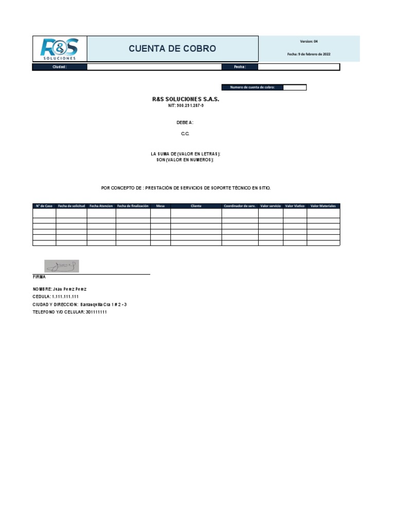 Cuenta de cobro por prestación de servicios de soporte técnico en sitio emitida por R&S ...