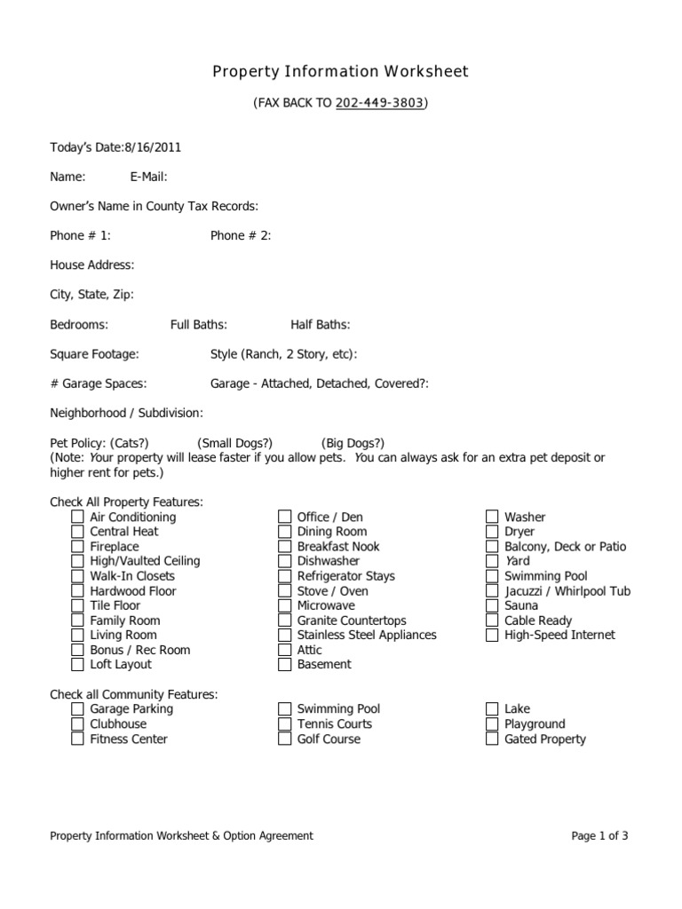 Property Information Worksheet & Option To Lease Option - Fillable ...