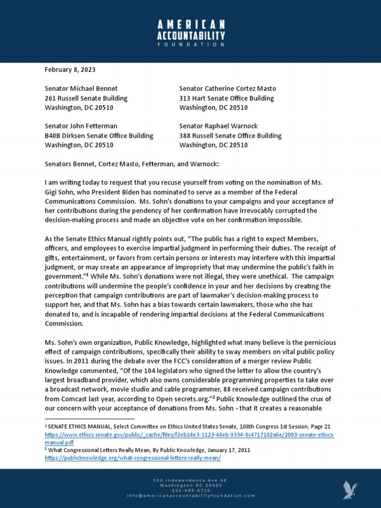 American Accountability Foundation Letter To Senators On Gigi Sohn | PDF