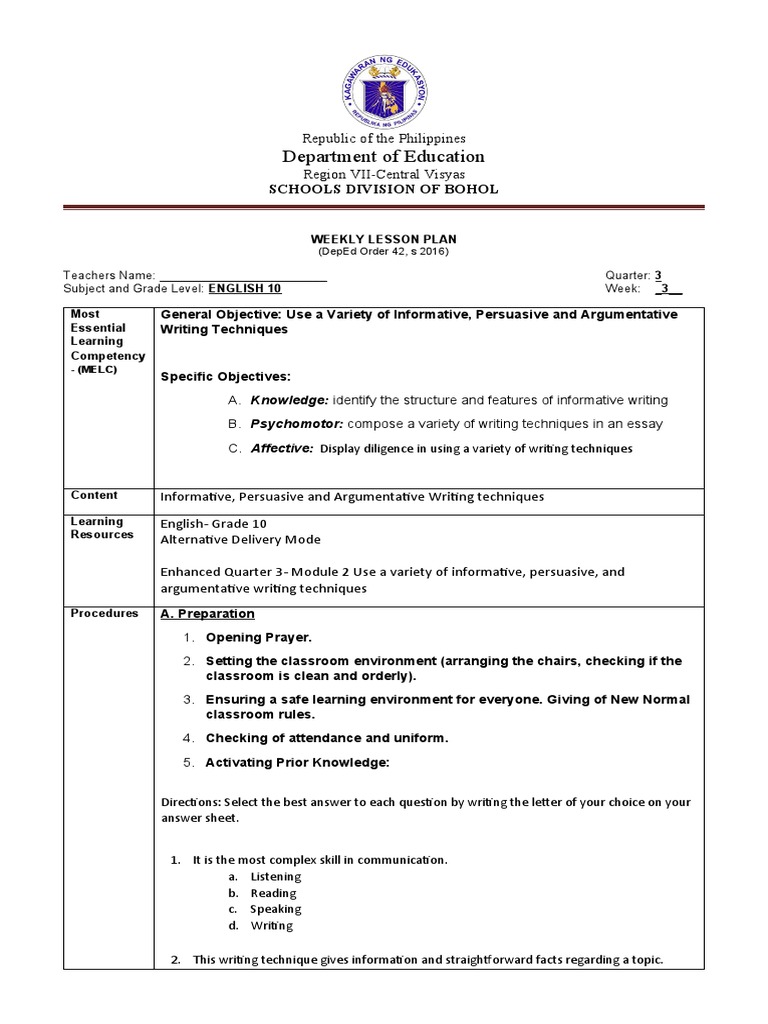 Prototype Lesson Plan ENGLISH10 Q3 WK3 | PDF | Essays | Obesity