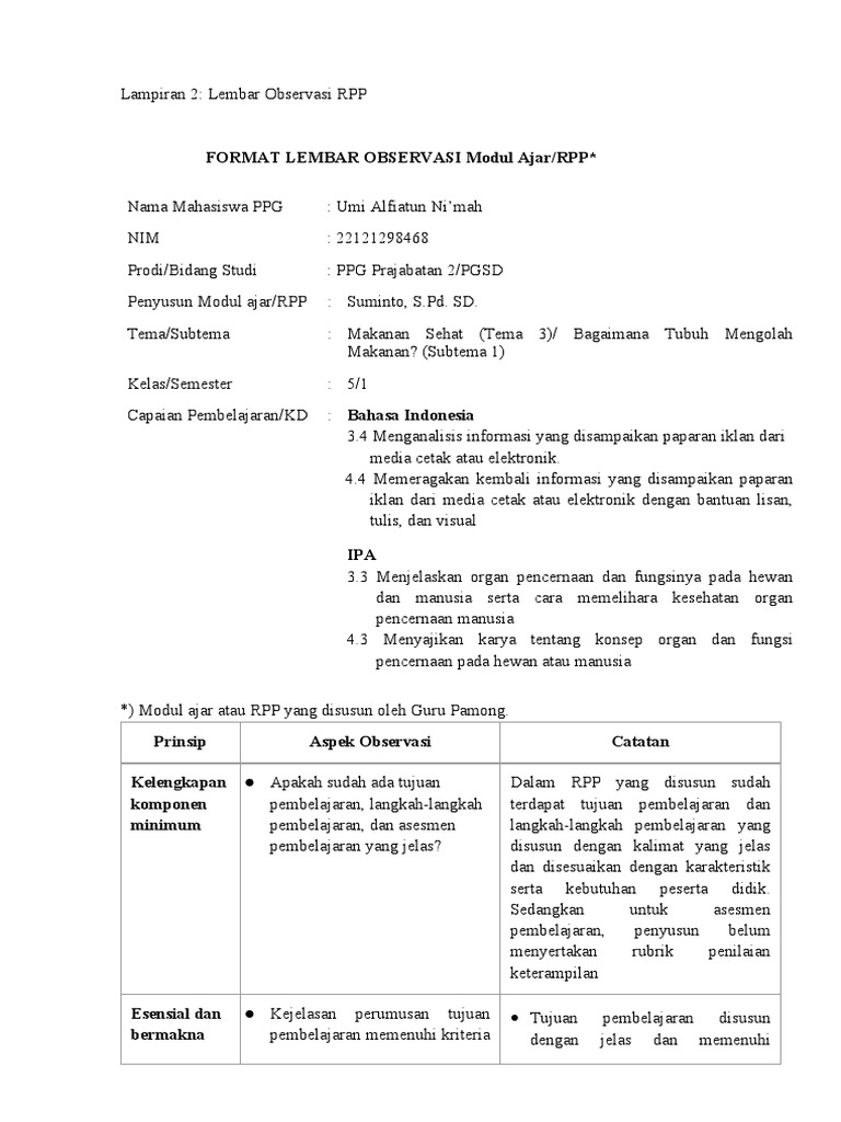 Lampiran 2 - Contoh Format Lembar Observasi RPP | PDF
