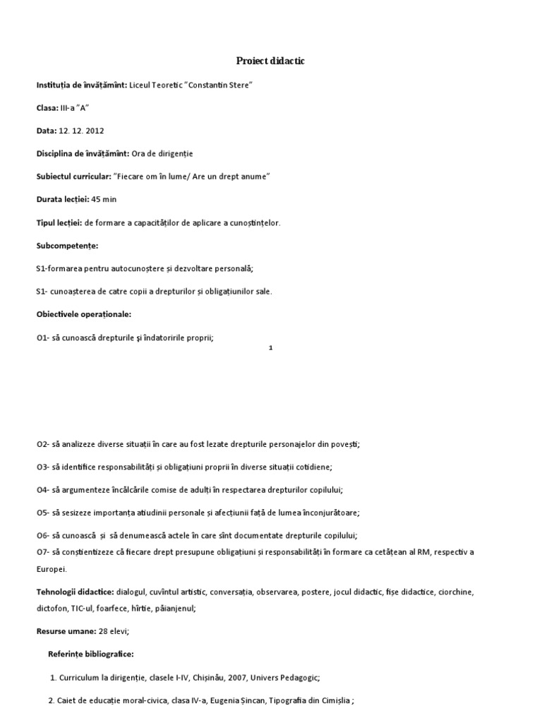 Proiect Didactic Ora de Dirigentie Clasa Iiia | PDF