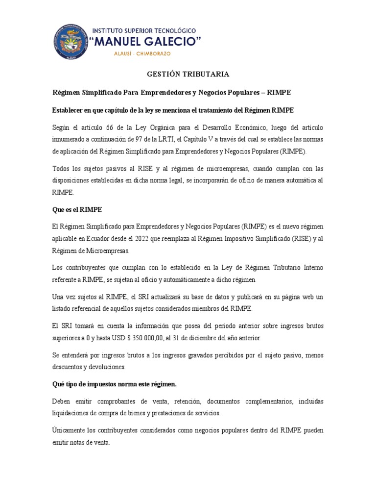 Régimen RIMPE: Guía para Emprendedores | PDF | Finanzas y dinero | Derecho