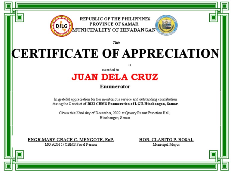 CBMS Enumerator Appreciation Certificate | PDF