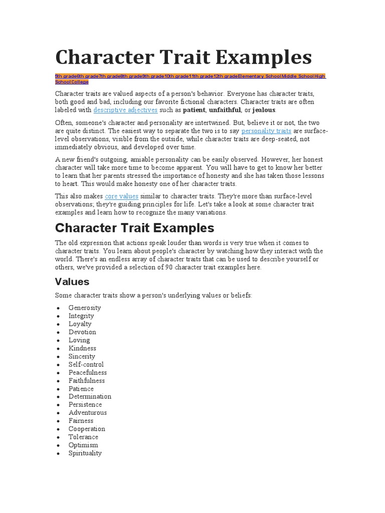 Character Trait Examples | Download Free PDF | Psychology