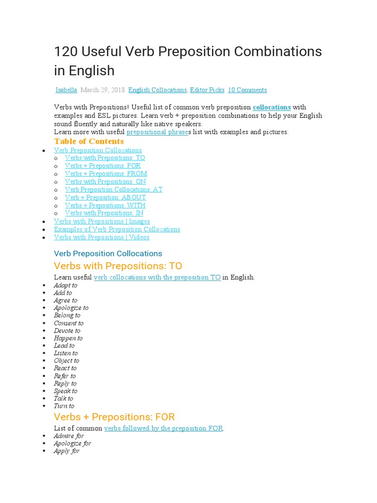 120 Useful Verb Preposition Combinations in English | PDF
