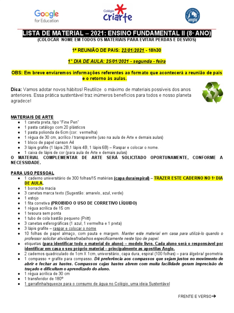 Lista de Materiais 8 Ano 2021 | PDF | Caneta
