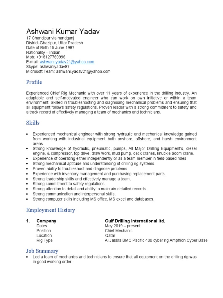 Chief Rig Mechanic Profile - Ashwani Yadav | PDF | Drilling Rig | Oil Well