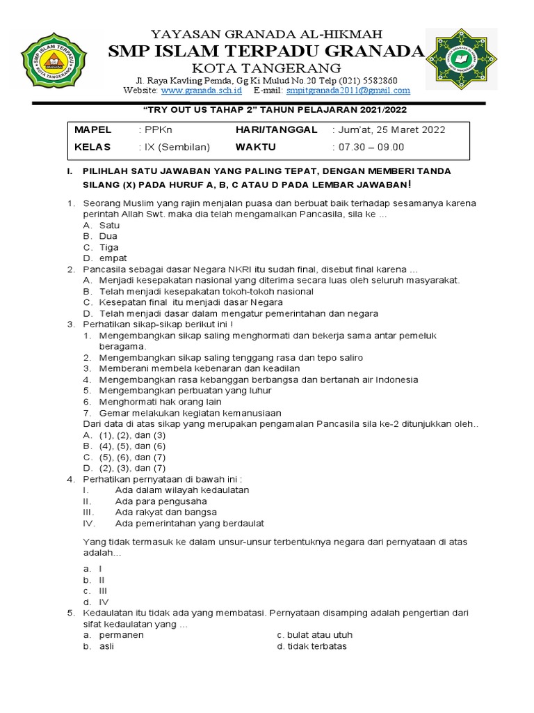 Fix - Soal Tryout Mapel PPKN Kelas 9 Smpit Granada 2022 | PDF | Politik