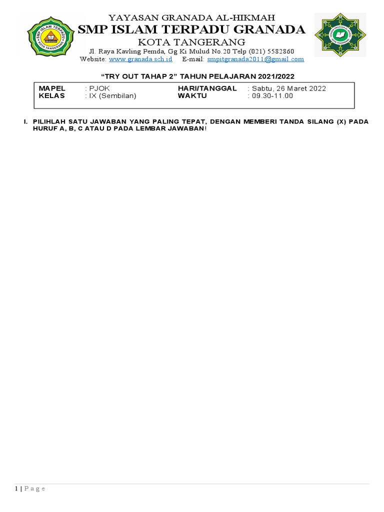 Fix - Soal Tryout Mapel Pjok Kelas 9 Smpit Granada 2022 | PDF