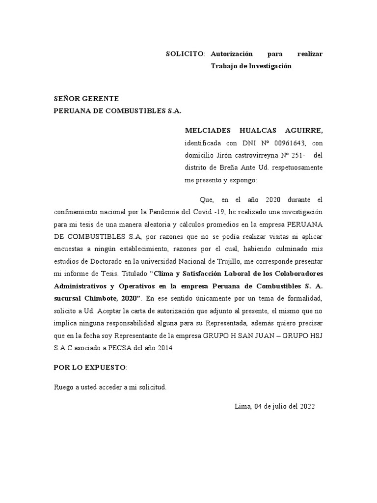 SOLICITO Permiso para Realizar Trabajo MODELOS | PDF | Perú