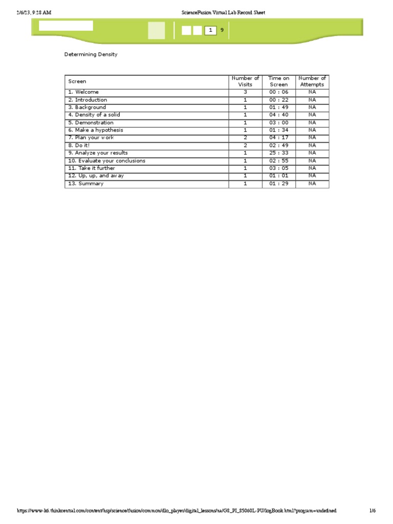 ScienceFusion Virtual Lab Record Sheet | PDF | Density | Science