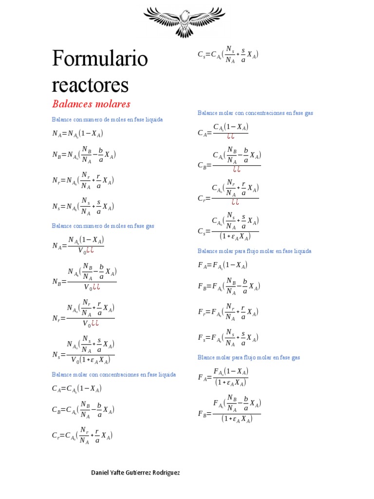 Formulario Reactores | PDF | Química