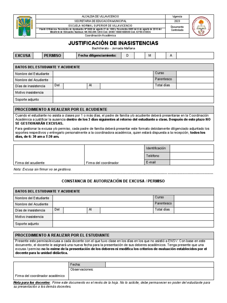 Formato de Excusas y Permisos 2023 | PDF