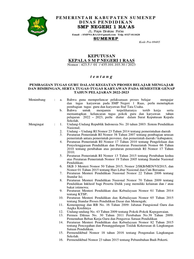 1 SK Pembagian Tugas 2022-2023 GENAP LENGKAP Dengan TTD | PDF