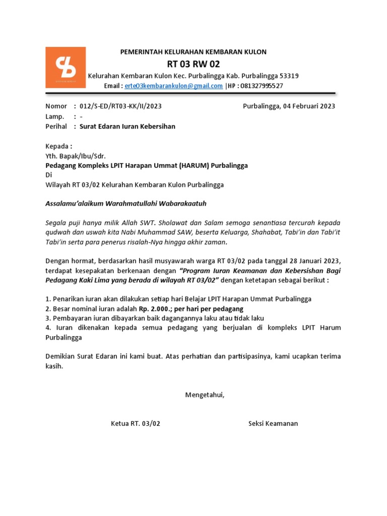 Surat Edaran Iuran Kebersihan | PDF