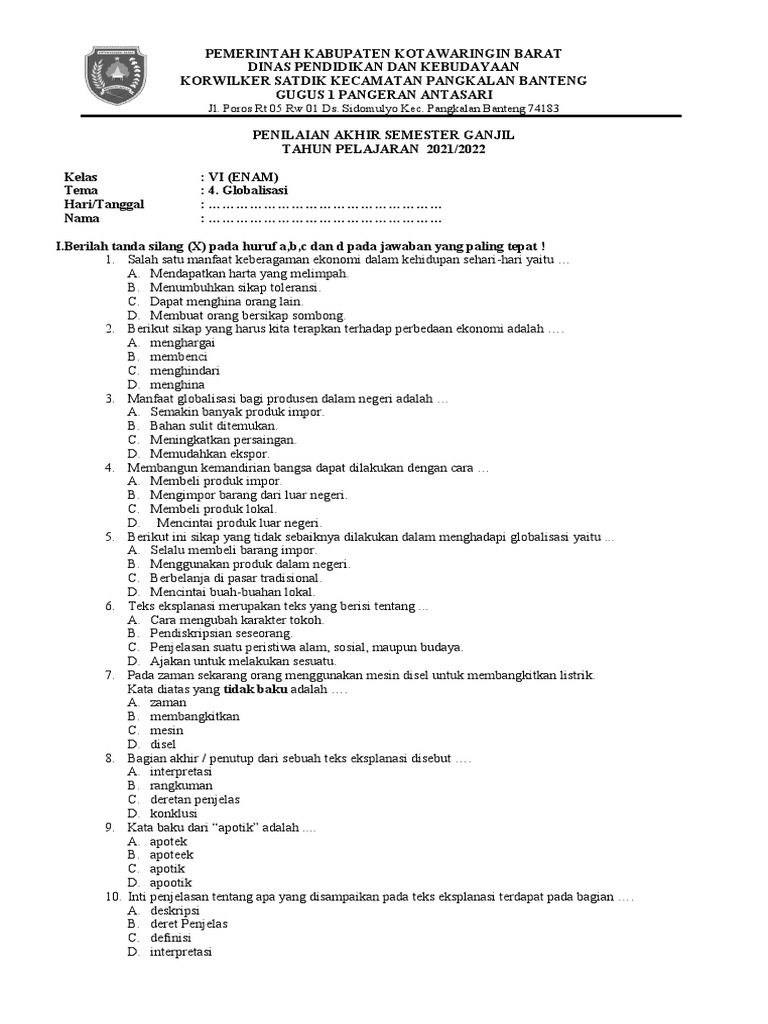 Soal Pas Ganjil Kelas 6 Tema 4 | PDF