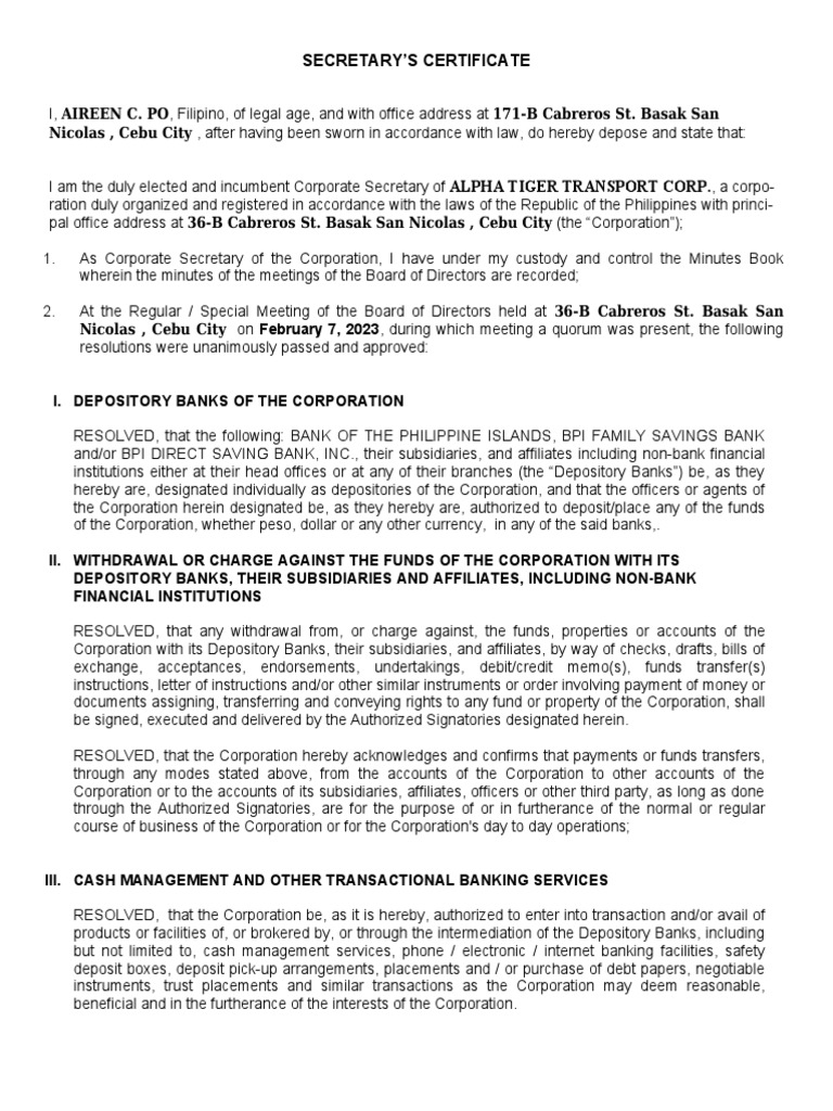 Secretary's Certificate BPI BANK OPENING | PDF | Banks | Loans